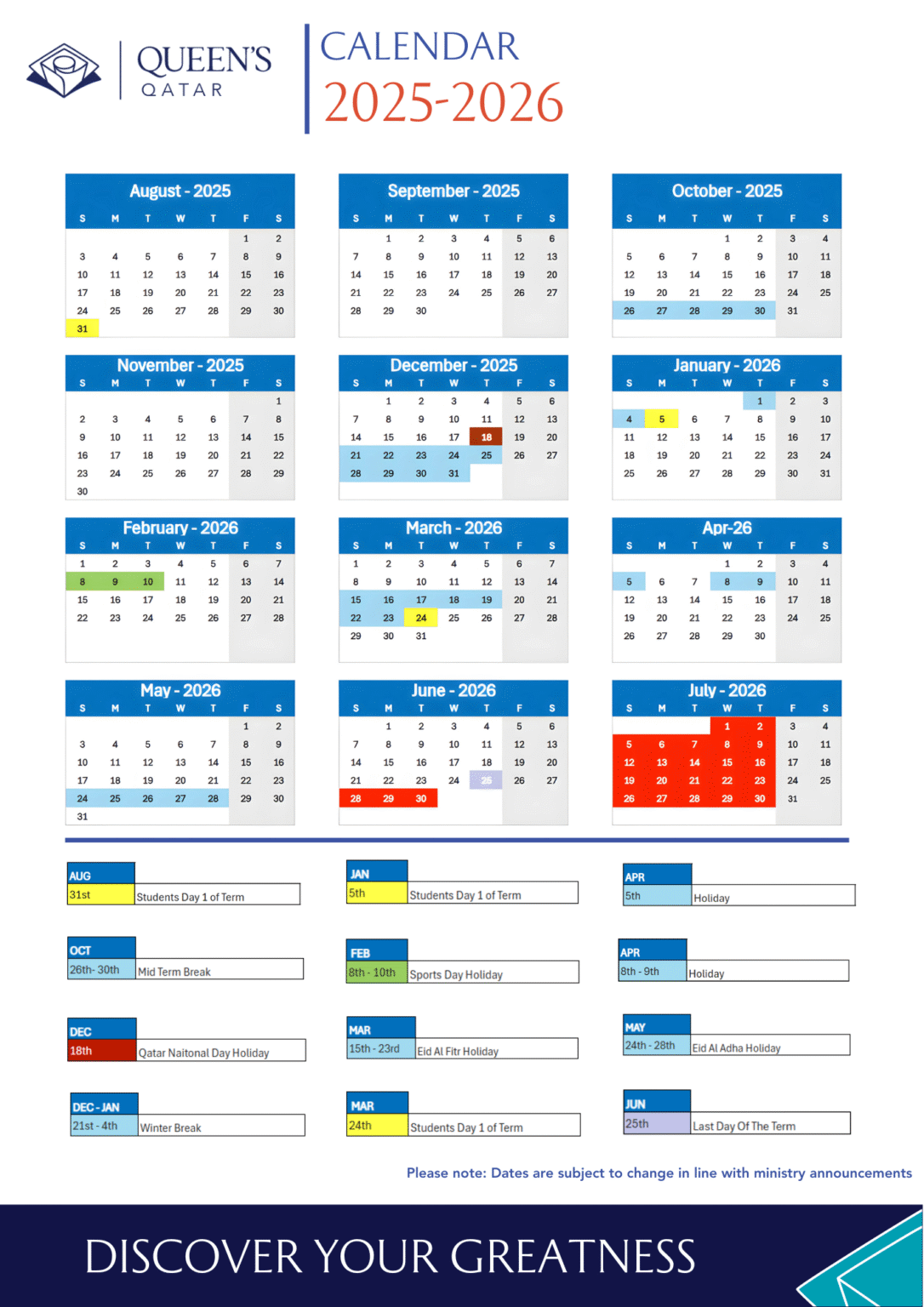 School Calendar | British International School | Queens Qatar